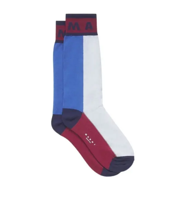 Marni Color-blocked Cotton Socks With Jacquard Lettering - Blue