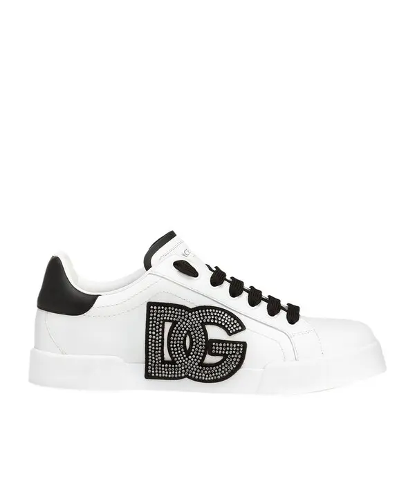 Dolce & Gabbana Portofino Rhinestone Embellished Logo Low Top Sneakers - White