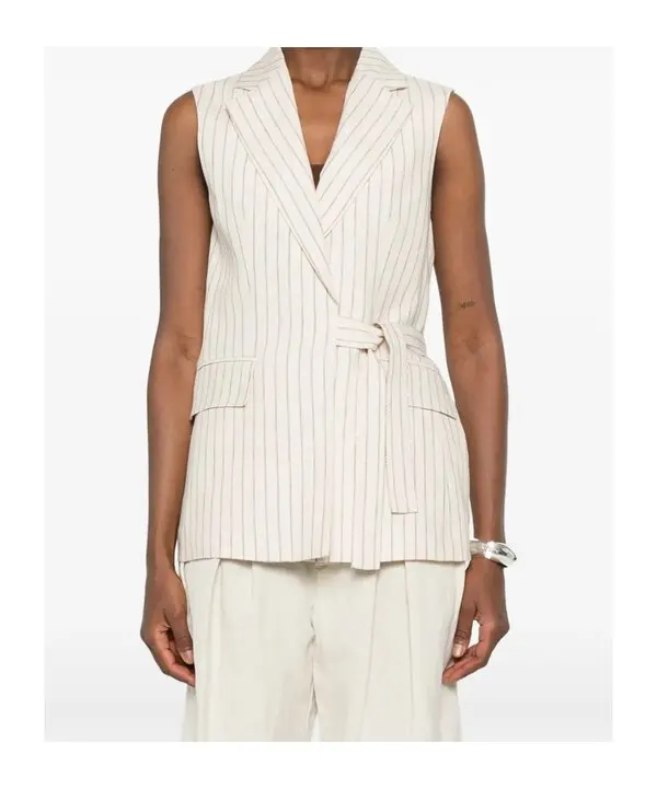 Peserico Striped Belted Sleeveless Blazer - Beige