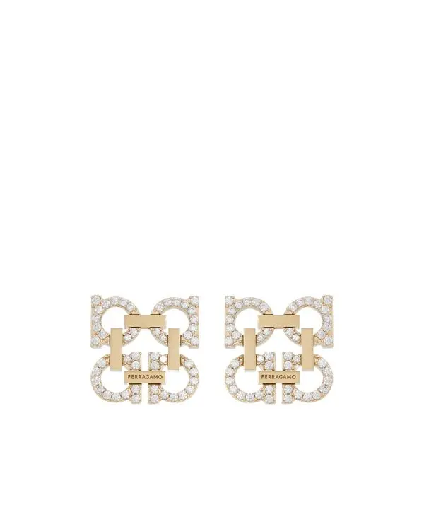 FERRAGAMO Crystal Embellished Four Gancini Clip-on Earrings - Gold