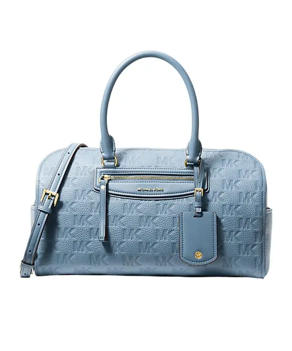 Michael Kors Jet Set Travel Medium Logo Embossed Leather Duffel Crossbody Bag - Light Blue