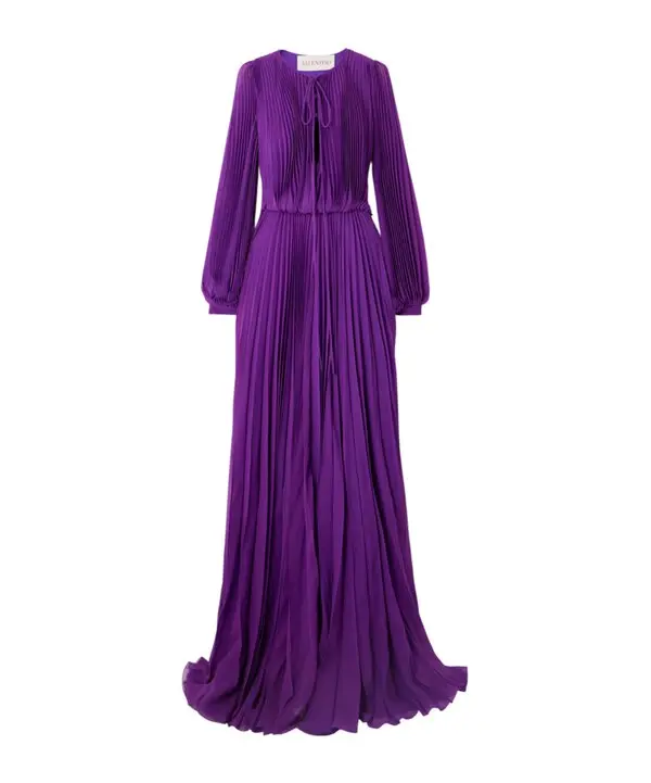 Valentino Garavani Pleated Silk-crepe Gown With Tie Neck - Purple