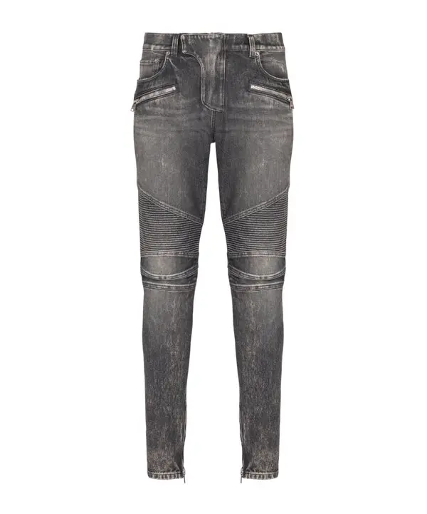 Balmain Logo Patch Slim-fit Biker Jeans - Grey