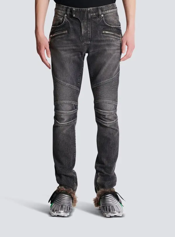 Balmain Logo Patch Slim-fit Biker Jeans - Grey