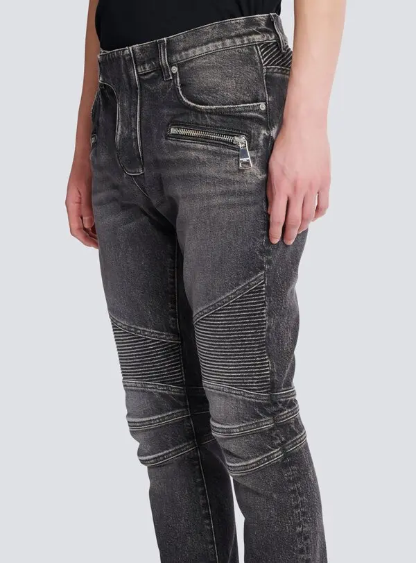Balmain Logo Patch Slim-fit Biker Jeans - Grey