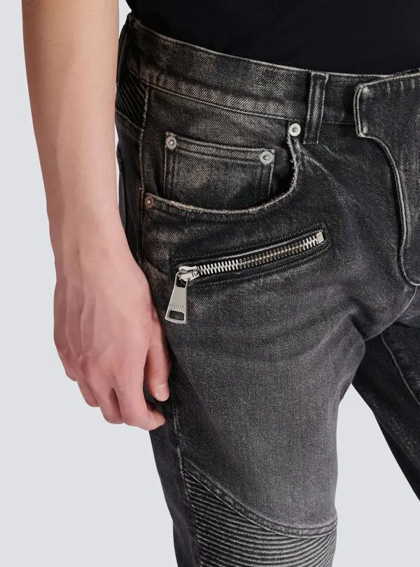 Balmain Logo Patch Slim-fit Biker Jeans - Grey