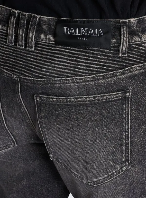 Balmain Logo Patch Slim-fit Biker Jeans - Grey