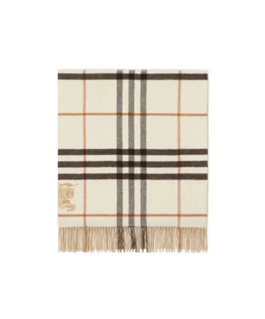 Burberry Wide Reversible Checked Fringed Scarf - Eggshell White