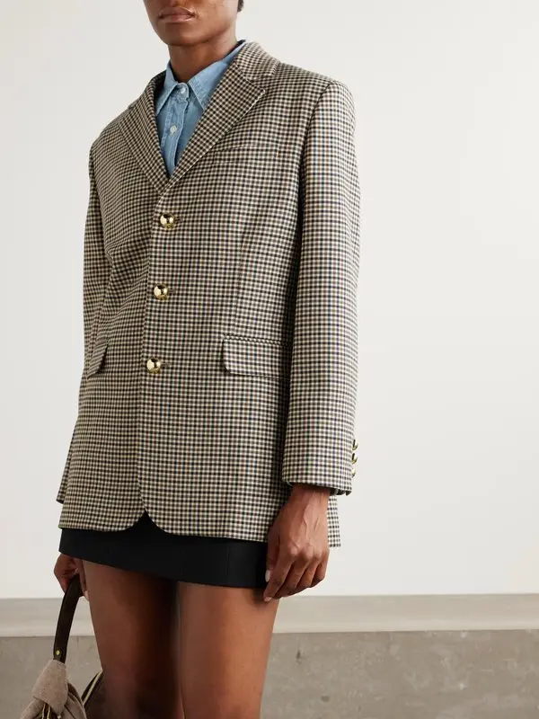 FRAME Houndstooth Suit Jacket With Gold Buttons And Notched Lapel