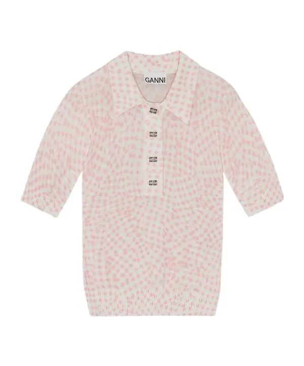 GANNI Sheer Cotton Printed Polo Shirt - Pink
