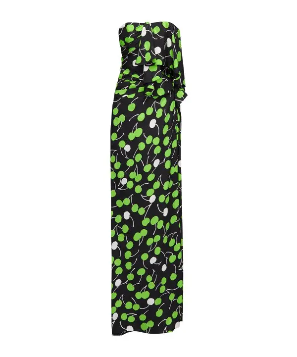 Saint Laurent Strapless Cherry Print Silk Maxi Dress - Black