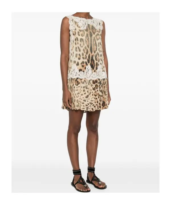 ERMANNO FIRENZE Sleeveless Leopard Print Lace Trimmed Dress