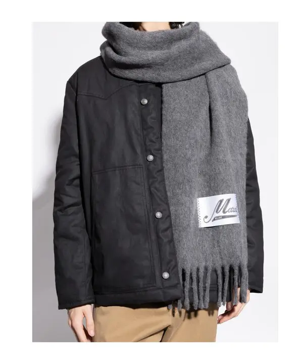 Marni Logo Patch Fringed Scarf - Gray