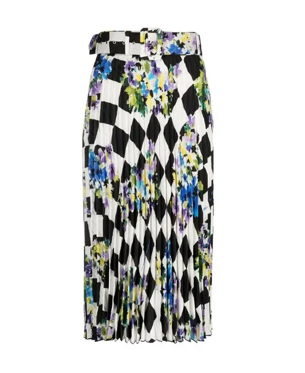 Off-White Floral Check Print Pleated Midi Skirt