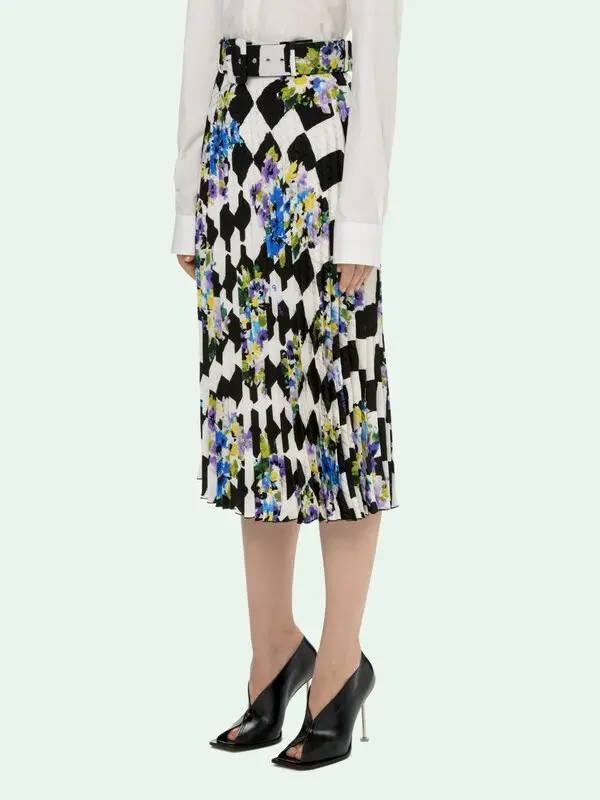 Off-White Floral Check Print Pleated Midi Skirt