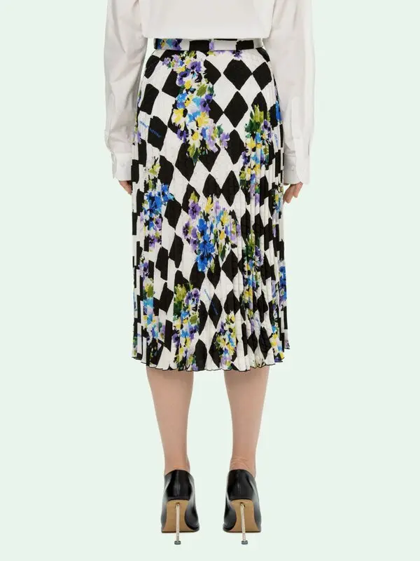 Off-White Floral Check Print Pleated Midi Skirt