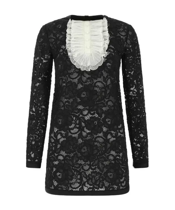 Saint Laurent Frill Detail Lace Dress - Black