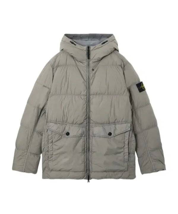 Stone Island Logo Patch Zip-up Hooded Padded Jacket - Cement