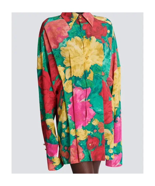 Balmain Roses Printed Crepe Shirt Dress