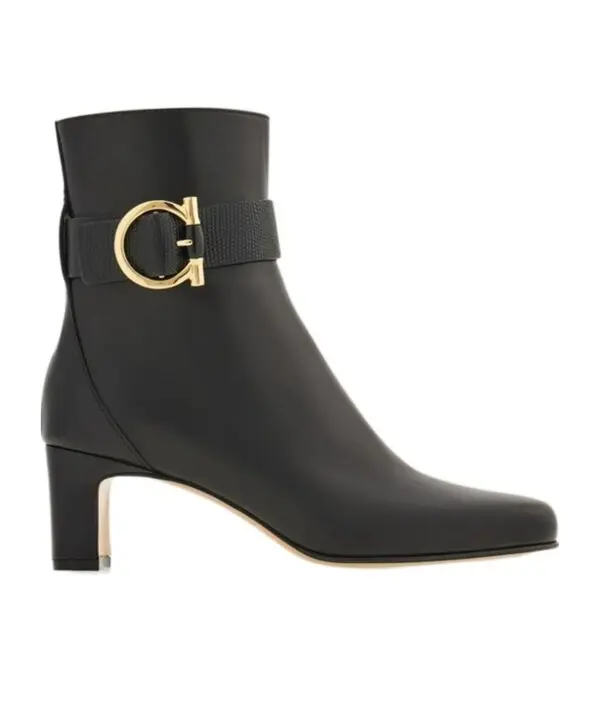 FERRAGAMO Gancini Ornament Mid Heel Ankle Boot - Black