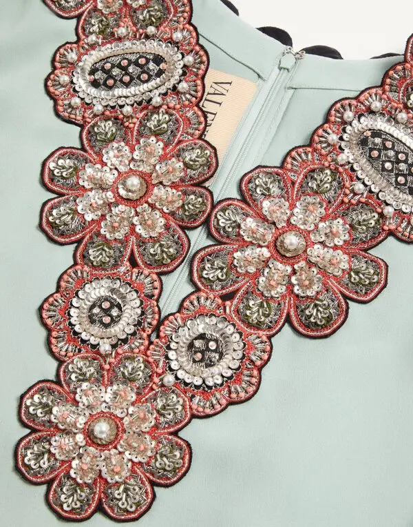 Valentino Garavani Long Dress With Feather Cuffs And Embroidered Neckline