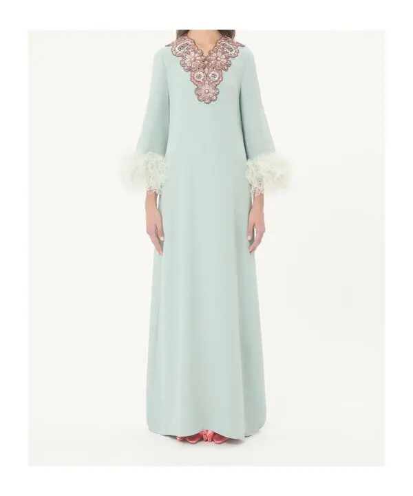 Valentino Garavani Long Dress With Feather Cuffs And Embroidered Neckline