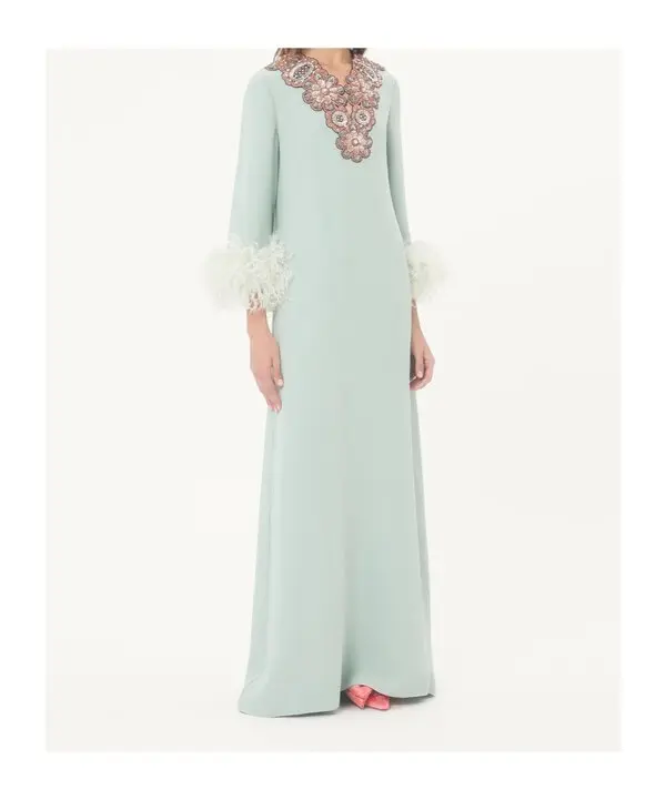 Valentino Garavani Long Dress With Feather Cuffs And Embroidered Neckline
