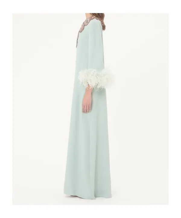 Valentino Garavani Long Dress With Feather Cuffs And Embroidered Neckline