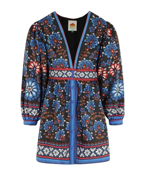 Farm Rio Latina Floral Print V-neck Button-placket Mini Dress - Black