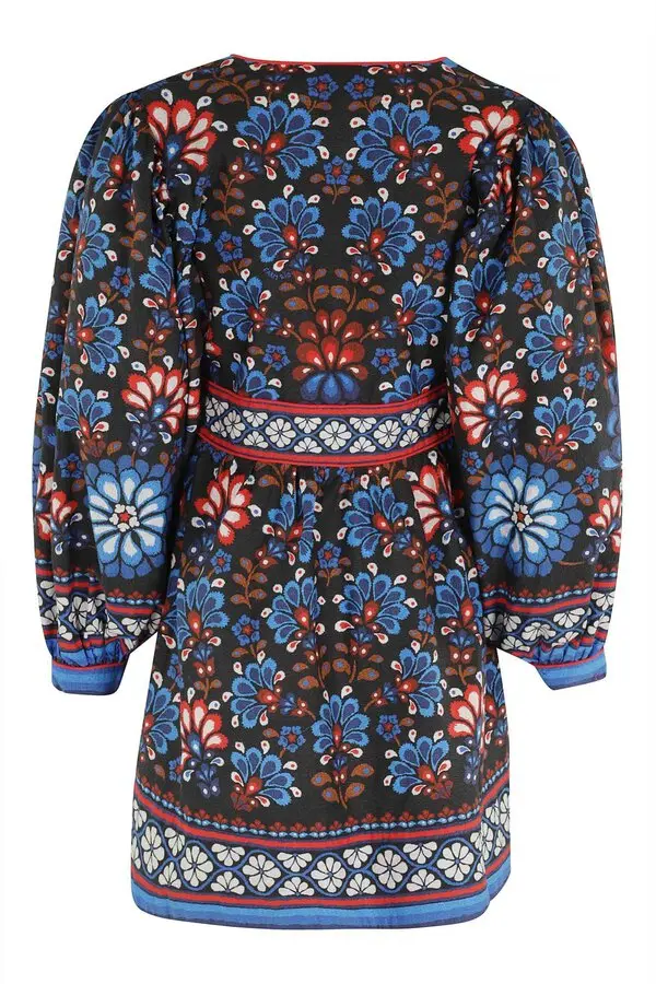 Farm Rio Latina Floral Print V-neck Button-placket Mini Dress - Black