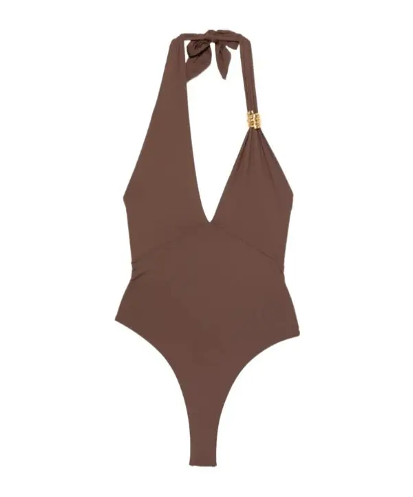 Elisabetta Franchi Halterneck One Piece Swimsuit With Gold-tone Detail - Brown