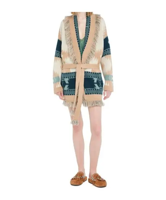 Alanui Icon Jacquard Fringed Belted Cardigan - Nude