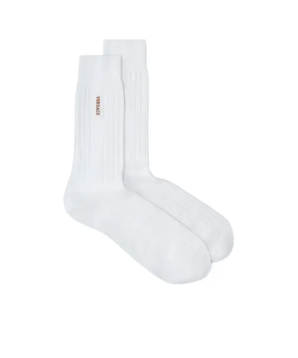Versace Logo Embroidered Ribbed Socks - White