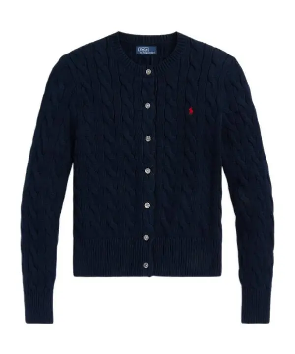 Polo Ralph Lauren Cable Knit Cardigan With Satin Trim - Hunter Navy