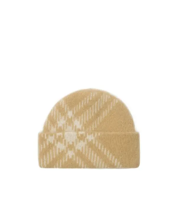 Burberry Checked Turn-up Hem Beanie - Sand Beige