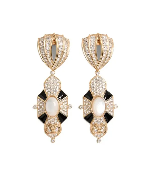 Valentino Garavani Pas Plus Drop Earrings In Metal, Resin, Enamel, And Swarovski Crystals - Gold/black/crystal/cream