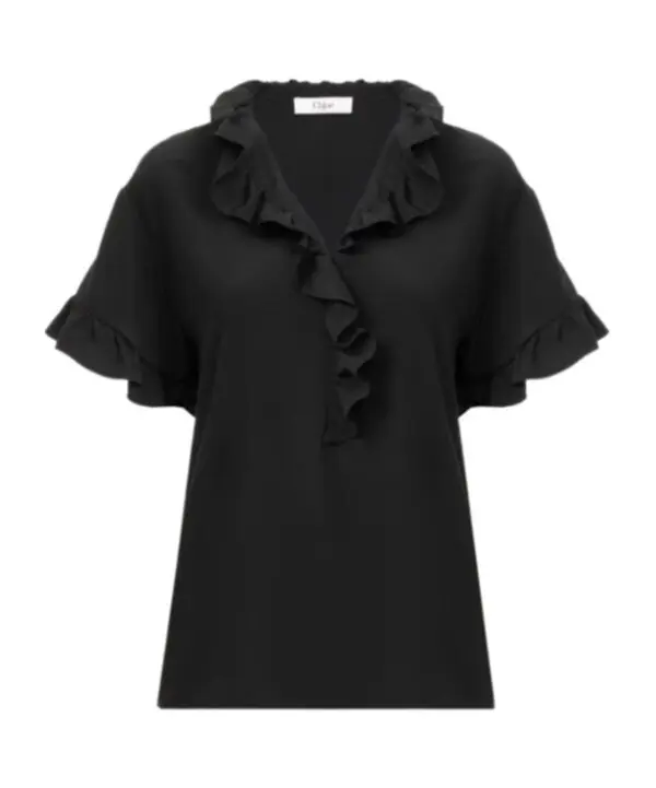 Chloé Short-sleeve Ruffle Top In Crêpe De Chine - Black