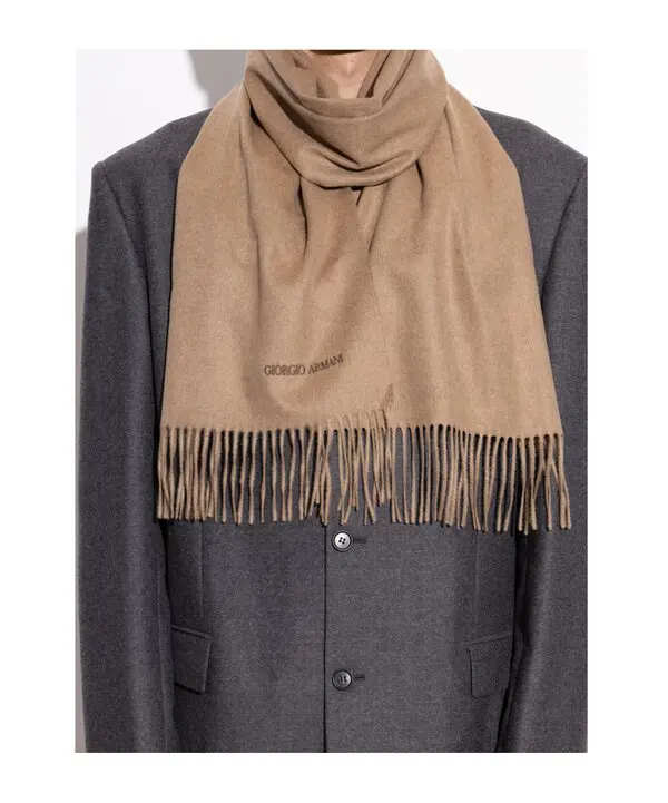 Giorgio Armani Logo Embroidered Fringed Scarf - Nude