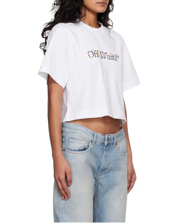 Off-White Cropped T-shirt With Floral Logo