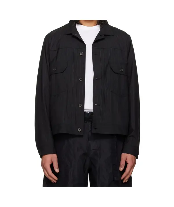 Sacai Wool Blend Jacket With Pin Stripes - Black