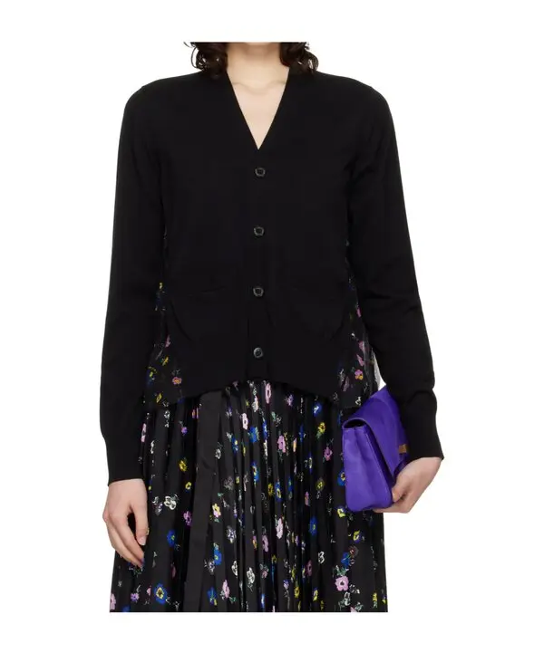 Sacai V-neck Buttoned Cardigan With Patchwork Detail - Black