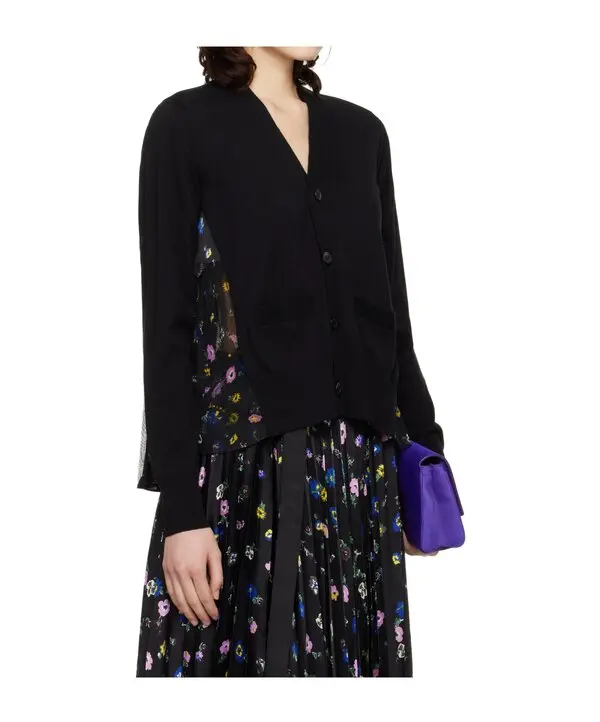 Sacai V-neck Buttoned Cardigan With Patchwork Detail - Black