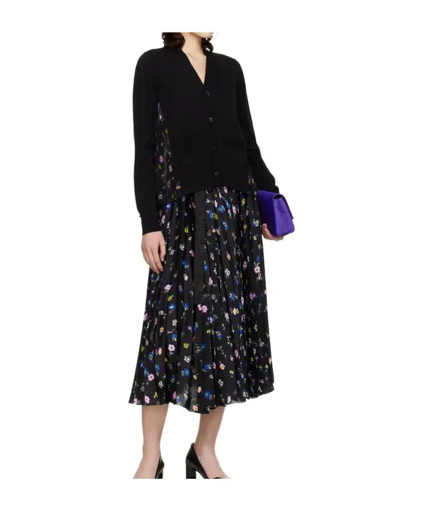 Sacai V-neck Buttoned Cardigan With Patchwork Detail - Black