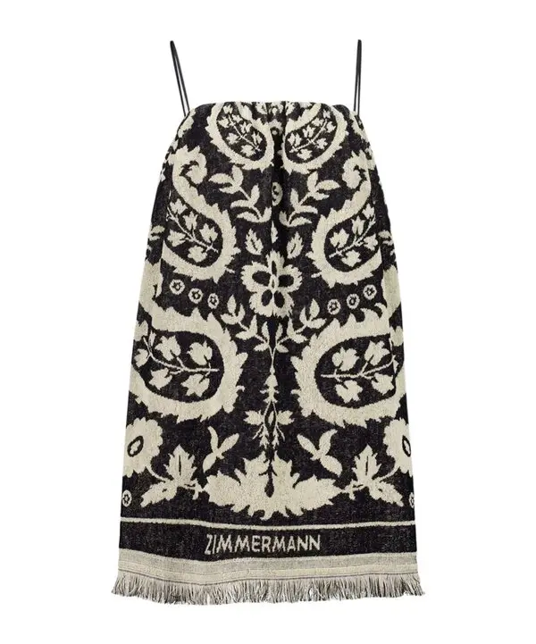 Zimmermann Rhiannon Mini Dress With Graphic Pattern And Fringed Hem - Black