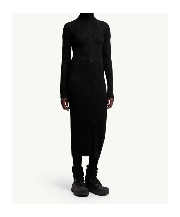 Moncler Ribbed Wool Turtleneck Maxi Dress With Logo Patch