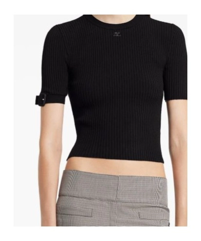 COURREGES Courrèges Ribbed Knit Buckle Detail T-shirt - Black