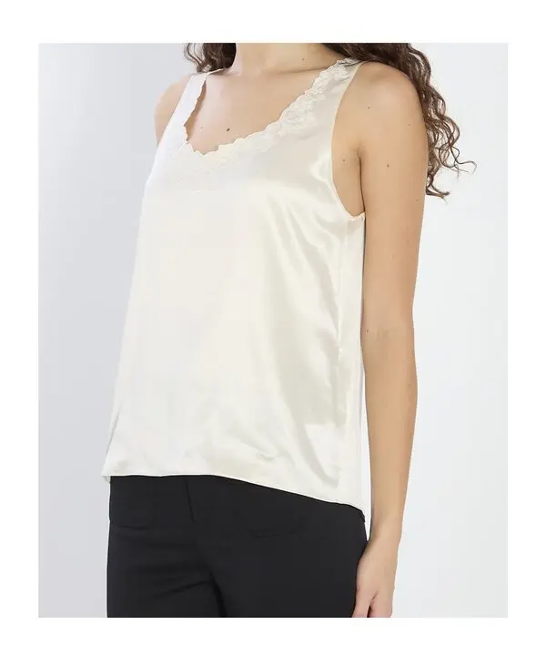 Celine Silk Satin Embroidered Sleeveless Top With Lace Trim