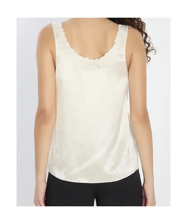 Celine Silk Satin Embroidered Sleeveless Top With Lace Trim