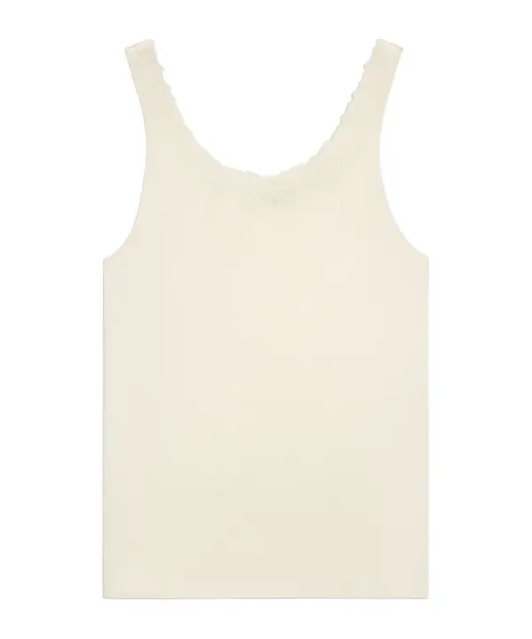 Celine Silk Satin Embroidered Sleeveless Top With Lace Trim - Beige
