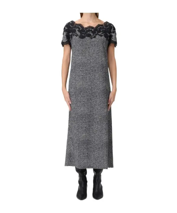 Ermanno Scervino Short Sleeve Lace Trimmed Plaid Maxi Dress
